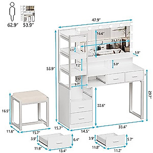PAKASEPT Makeup Vanity Desk with Mirror and Lights, Vanity Desk with Charging Station, Drawers, Movable Shelves for Makeup, Modern Vanity Table Set with Vanity Stool for Bedroom, White