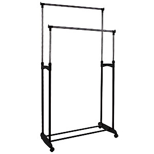 WOHLLEBEN Expandable Double Rods Clothing Rack Portable Freestanding Clothes Rack on Wheels Clothes Closet with Shoe Shelves Multi-functional Garment Rack, (33"-59")×16.5"×(43"-67")