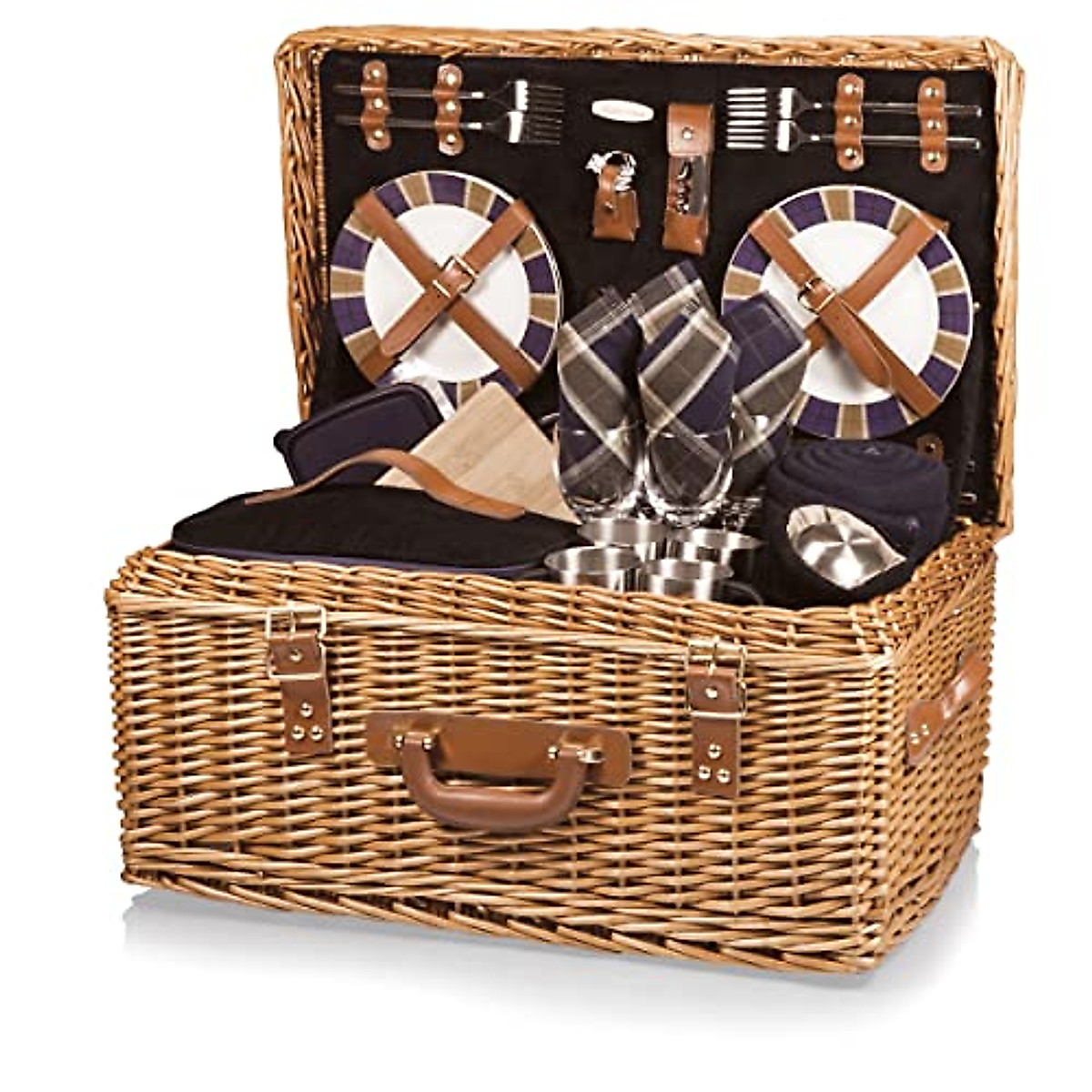 PICNIC TIME Windsor Luxury Wicker Picnic Basket, Deluxe Set for 4, Navy Blue