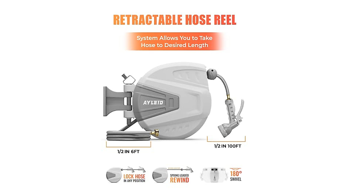 Ayleid Retractable Garden Hose Reel - 100 ft Wall Mount with 9-Function ...