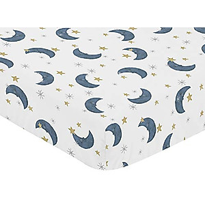 Sweet Jojo Designs Moon and Star Boy or Girl Fitted Crib Sheet Baby or Toddler Bed Nursery - Navy Blue and Gold Watercolor Celestial Sky