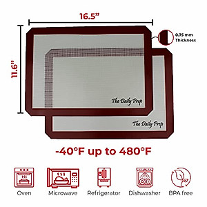 THE DAILY PREP Red Silicone Baking Mats, Nonstick Baking Sheets for Bake Pans & Rolling, Thick .75mm, Food Grade Oven Mat, Microwavable Silicone Sheet, Freezable- 11 5/8 in x 16.5 in (Pack Of 2)