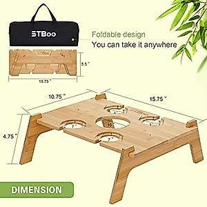 STBoo Outdoor Portable Wine Table, Outside Lightweight Picnic Table with Wine Bottle and 4 Glass Holder, Indoor Snack Wooden Table, Picnic Tray Table for Concerts at Park, Beach, Ideal Wine Lover Gift