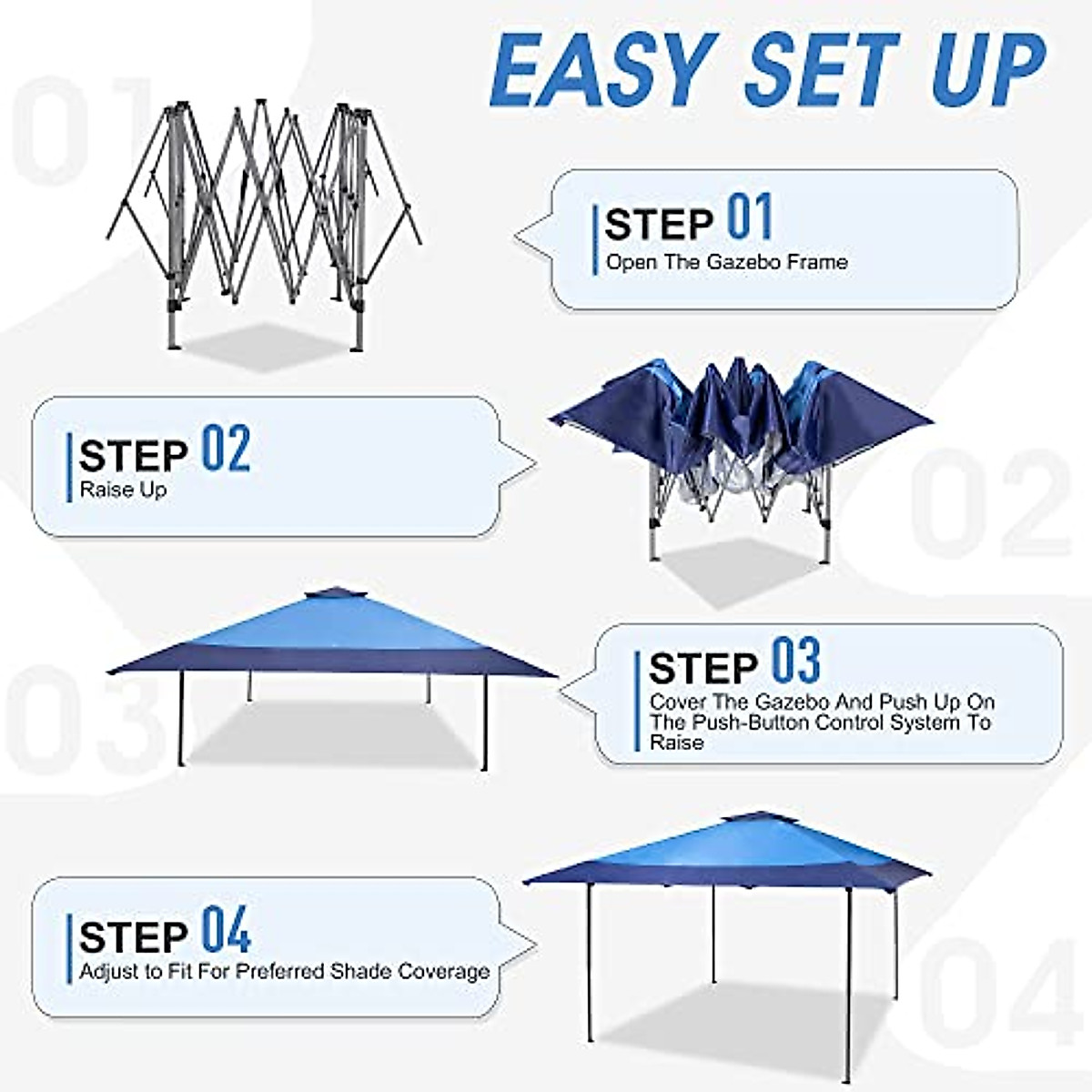 PHI VILLA Easy Set-up 13x13 Pop Up Canopy Gazebo Outdoor Tent Portable 169 sq.ft Sun Shade, Blue