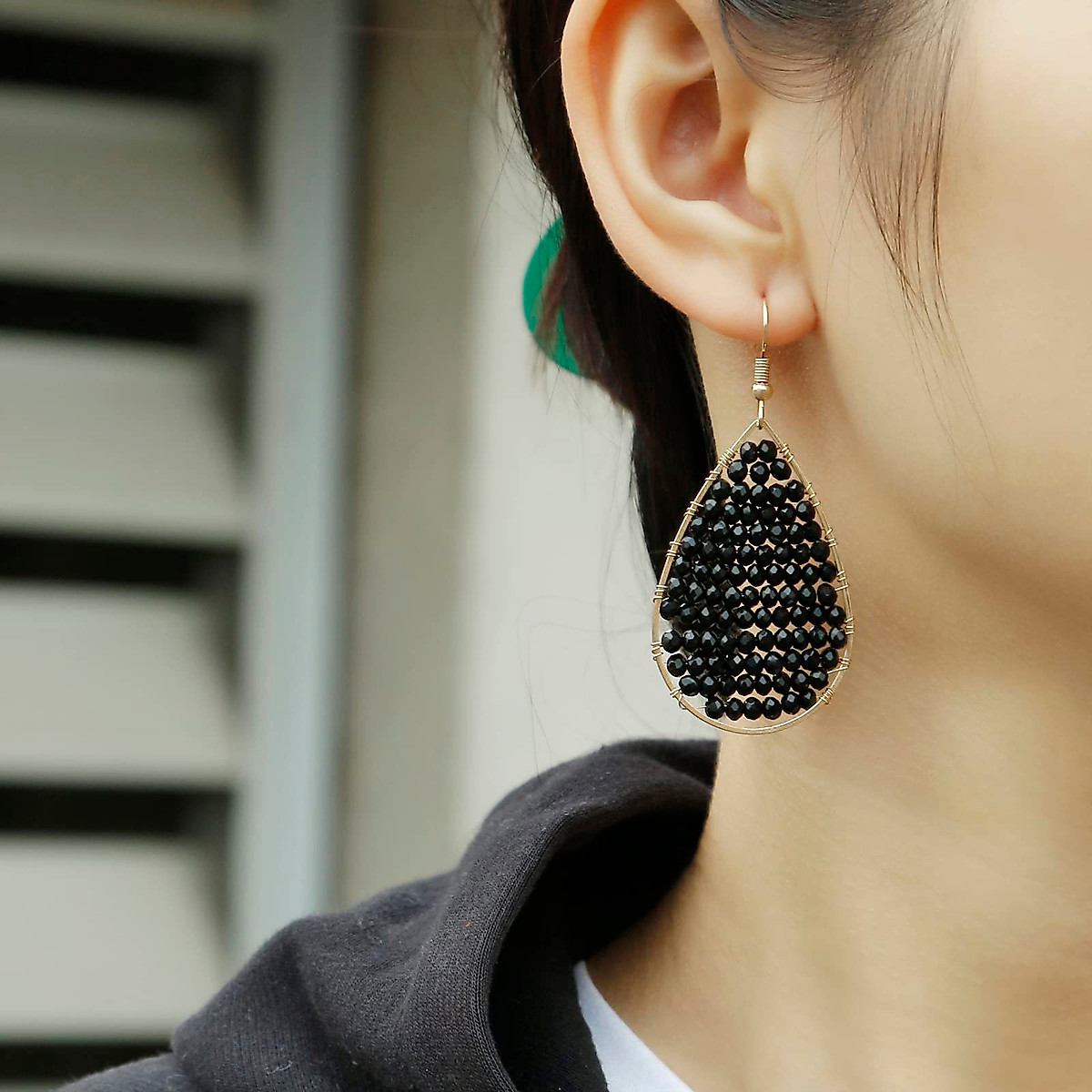 Winssigma Turquoise Teardrop Earrings, Boho Colorful Beads Gold Hoop Earrings for Women Bohemian Jewelry(Teardrop Black Crystal)