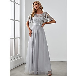 Ever-Pretty Women's Formal Dresses Crew Neck Sequin Ruffle Sleeve Empire Waist Beaded Long Evening Dresses Grey US16