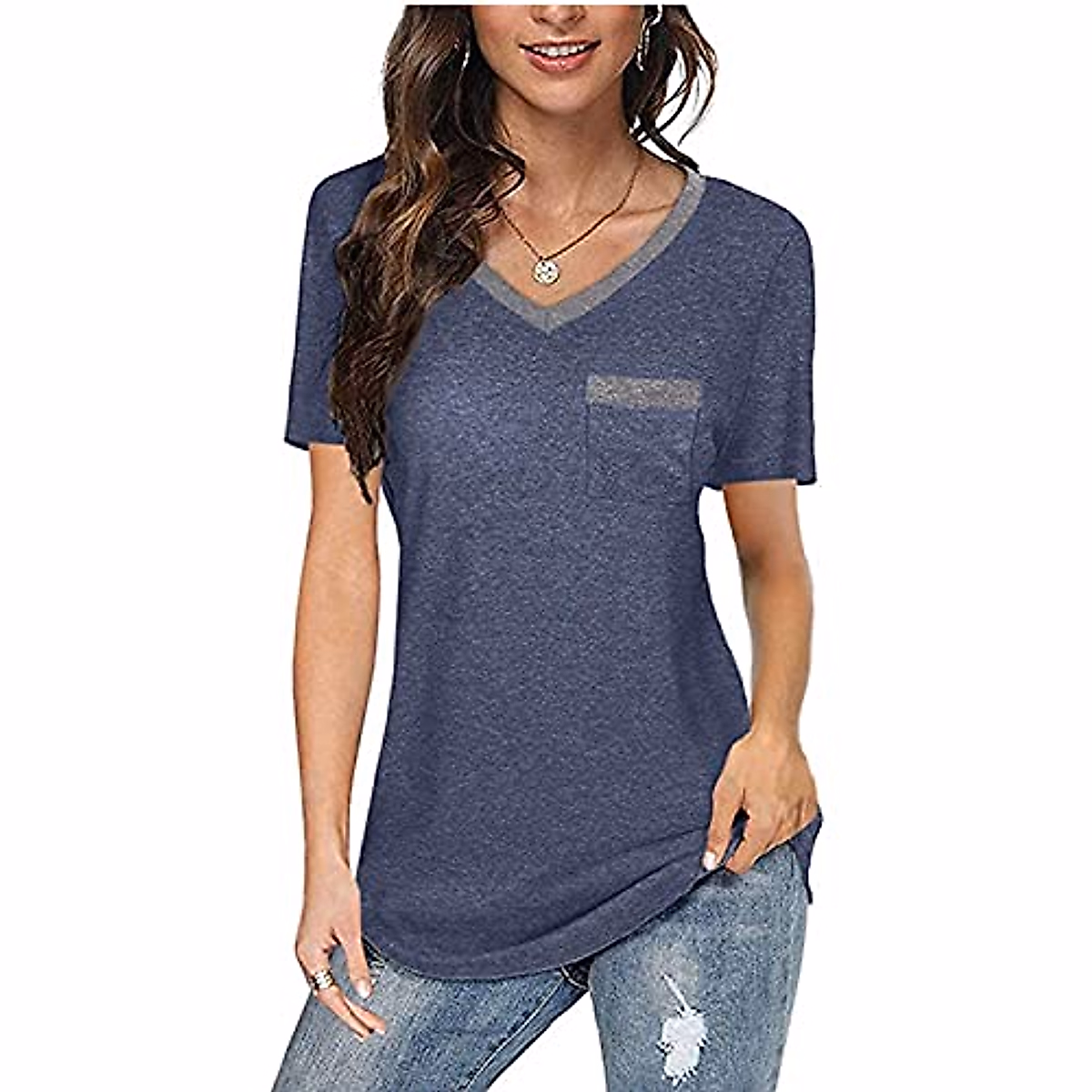 wodceeke Women's Short-Sleeved V-Neck Plain T-Shirt Casual Loose Basic Tee Summer All-Match Blouse Top (Blue, S)
