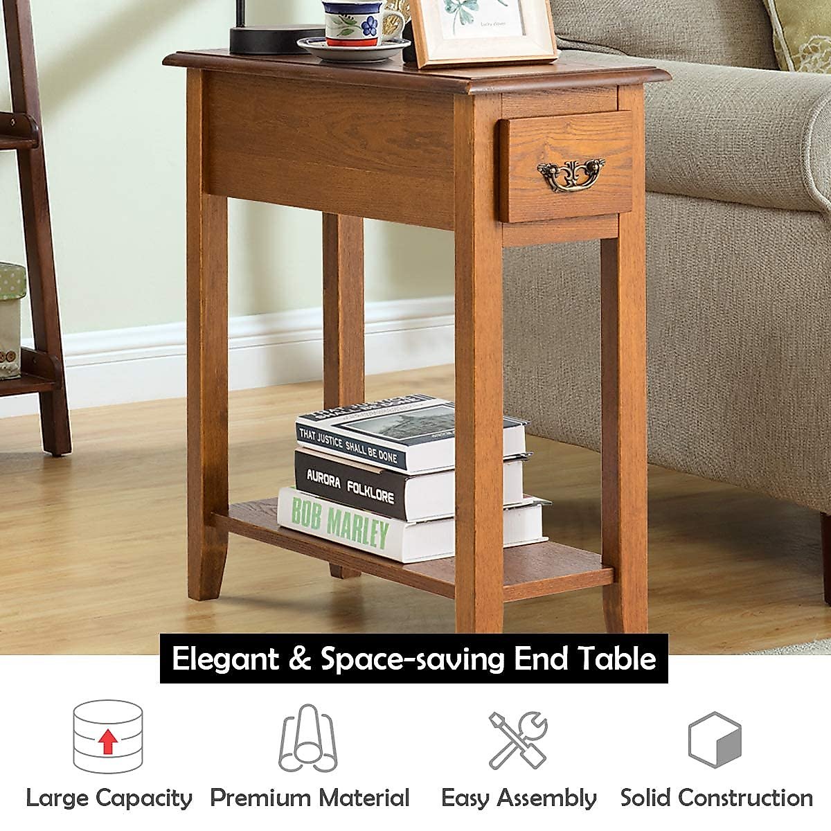 Tangkula Narrow End Table, Slim Side Table with Drawer and Open Shelf, Small End Tables for Small Spaces, Narrow Nightstand Bedside Table for Living Room Bedroom, 9.8 x 23.6 x 23.6 inches (1, Walnut)