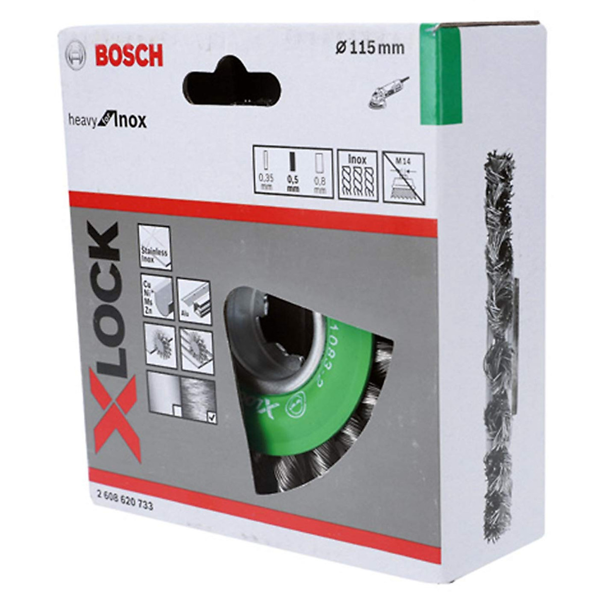 Bosch X-LOCK 2608620733 Wire Brush, 4.5 inches (115 mm) Diameter, Stainless Steel 0.02 inches (0.5 mm) Twist, 1 Piece