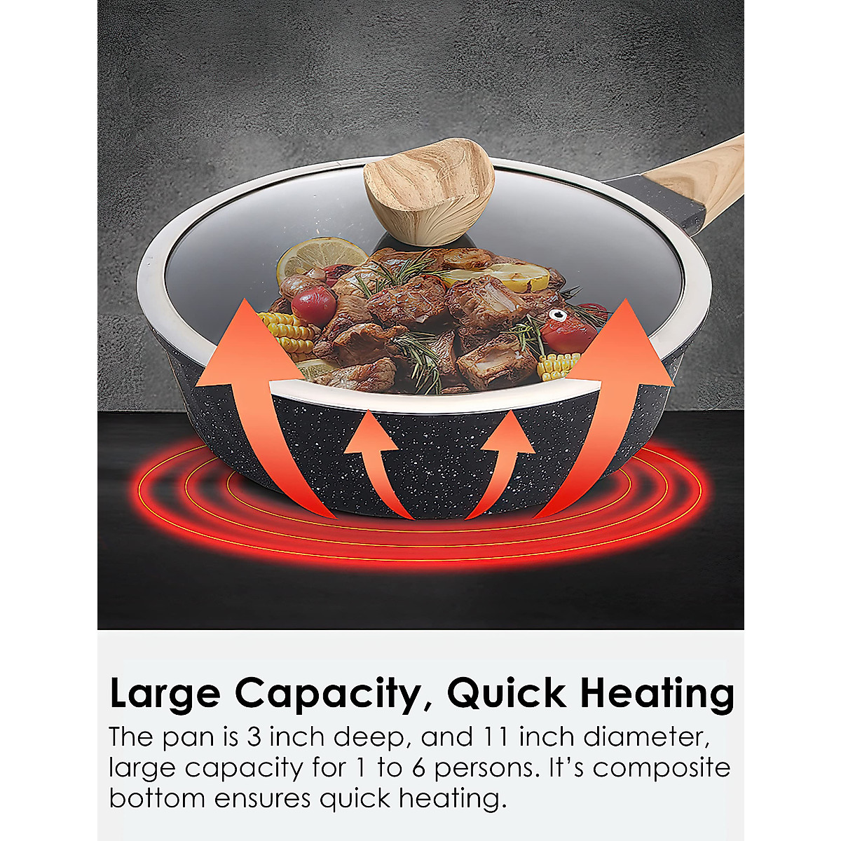 TAMASAKI 11 Inch Nonstick Medical Stone Skillet No Fumes Frying Pan Household Nonstick Cookware Stone-Derived Coating with Glass Lid Black