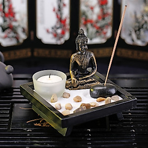 MyGift Mini Meditation Zen Rock Garden Table Decor Kit with Buddha Statue, Incense, Sand, Tealight Candle Holder and Wood Tray