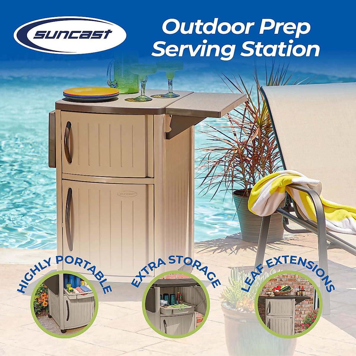 Suncast DCP2000 Portable Outdoor Patio Backyard Grilling Entertainment Serving Prep Station Table with Cabinet Storage and Drop Leaf Extensions, Beige