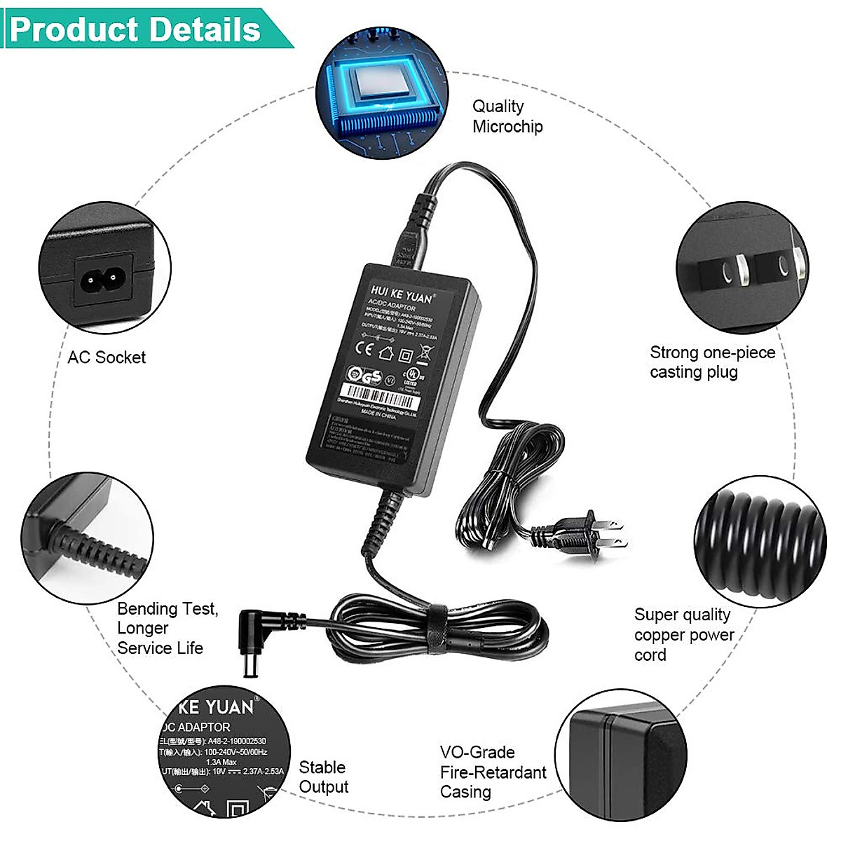 HKY 19V AC/DC Adapter Compatible with LG ADS-45FSQ-19 19040EPG-1 Ultragear 24GL600F 24GL650 24GL65B 24GN50W 24GN53A 27QN600 32QN600 34BL650 B 28MT48 28MT48VF 28MT48U 28MT48DF Monitor Power Supply