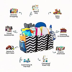 Lucazzi Extra Large Utility Tote Bag - Oversized Collapsible Reusable Wire Frame Rectangular Canvas Basket With Two Exterior Pockets For Beach, Pool, Laundry, Car Trunk, Storage - Chevron Black