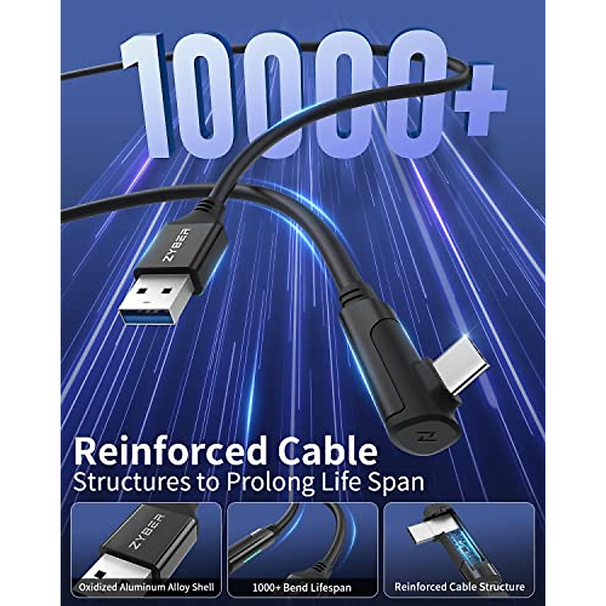 ZYBER Link Cable 16 FT for Meta Quest 2 Quest Pro Pico 4,VR Headset Link Cable for Oculus Quest 2/1 Gaming PC, High Speed USB 3.0 to USB C Cable for PC VR and Steam VR, Black