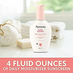 Aveeno Ultra-Calming Daily Facial Moisturizer for Sensitive, Dry Skin with Broad Spectrum SPF 15 Sunscreen, Feverfew & Nourishing Oat, Oil-Free and Hypoallergenic, Basic, Unscented, 4 Fl Oz