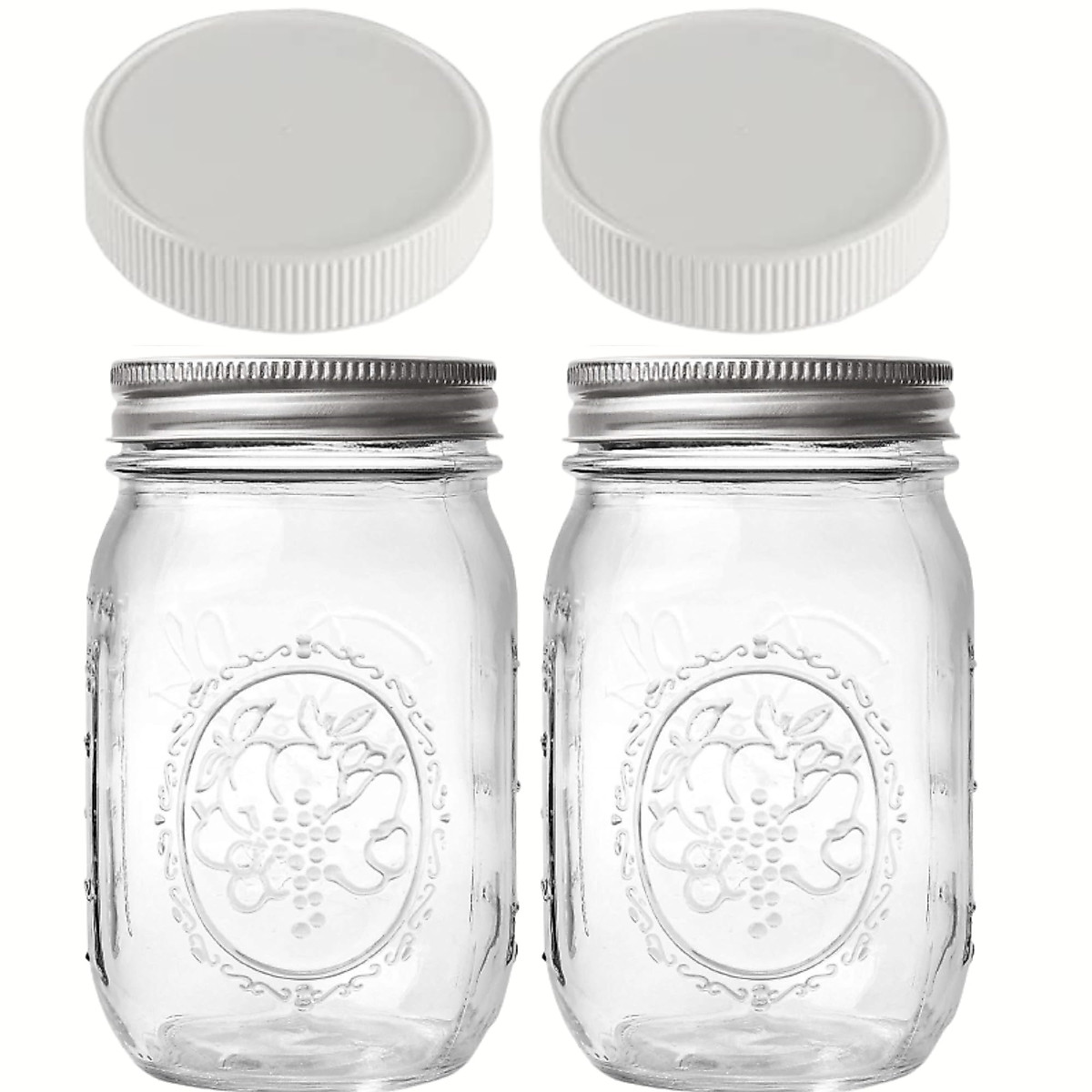 Jarming Collections Mason Jars 16 oz - Glass Jars with Plastic Lids- Glass Storage Jars with Regular Mouth Lids- Jars with Lids- Canning Jars, Pint Jars- Set of 2, 16 oz Mason Jars, White Lids