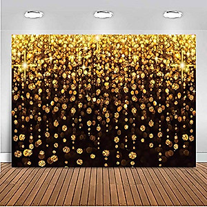 CHAIYA 7x5ft Gold Glitter Backdrop Curtain Black Gold Bokeh Photo Booth Background for Prom Graduation, Wedding, Bridal Shower, New Years Eve, Bachelorette Party Decorations 100
