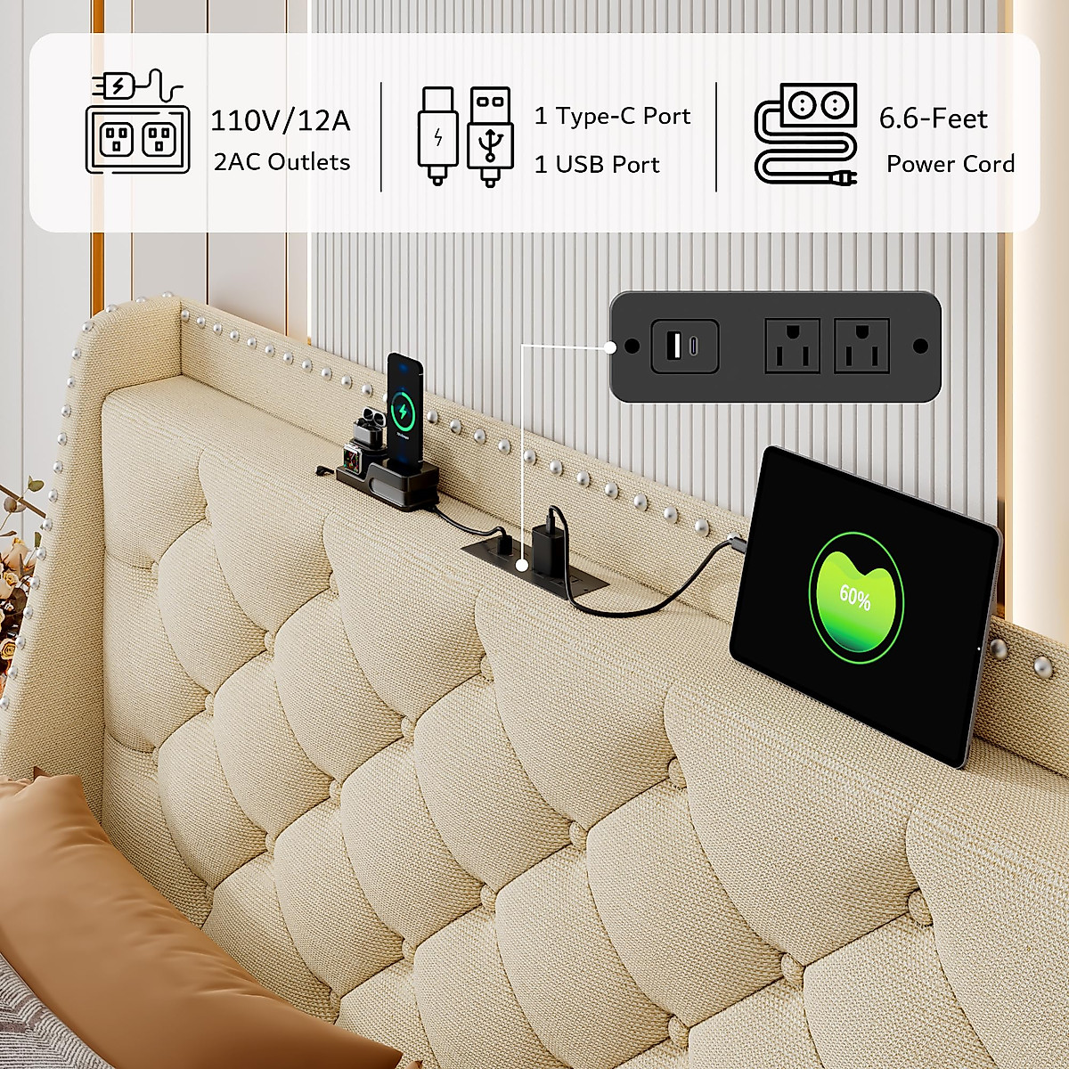 iPormis Full Bed Frame with 16" Comfort Wingback & Charging Station, Upholstered Platform Bed with Button Tufted Storage Headboard, Solid Wood Slats Support, No Box Spring Needed, Beige