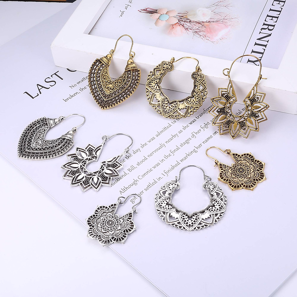 FIBO STEEL 8 Pairs Vintage Mandala Flower Gypsy Drop Dangle Earrings for Women Boho Retro Tribal Hollow Earrings Set