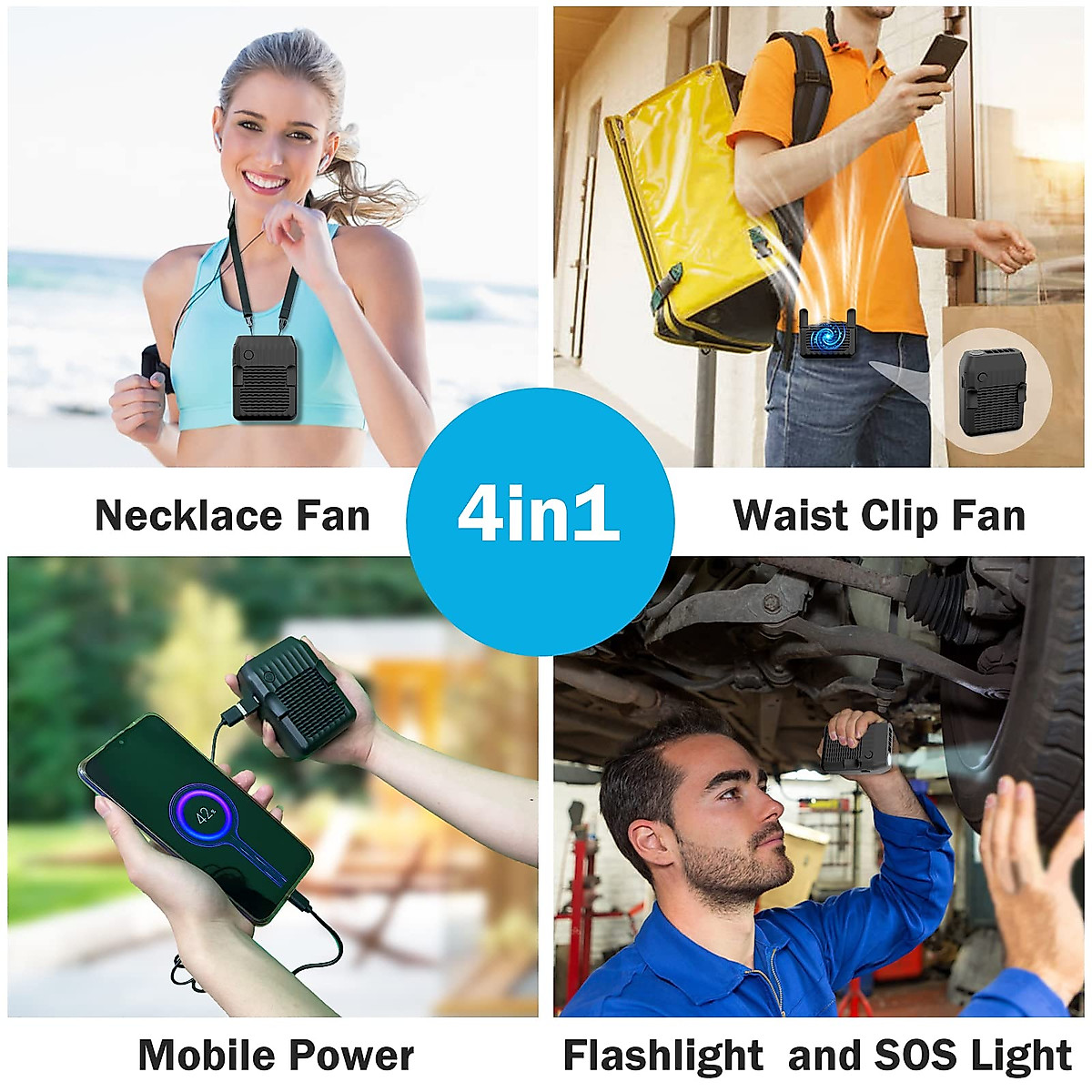 DTZY Portable Waist Clip Fan, Personal Neck Fan with Strong Light Flashlight, 6000mAh Rechargeable Personal Fan, Hands-free USB Belt Fan for Outdoor Works, Sports, Camping, Hiking