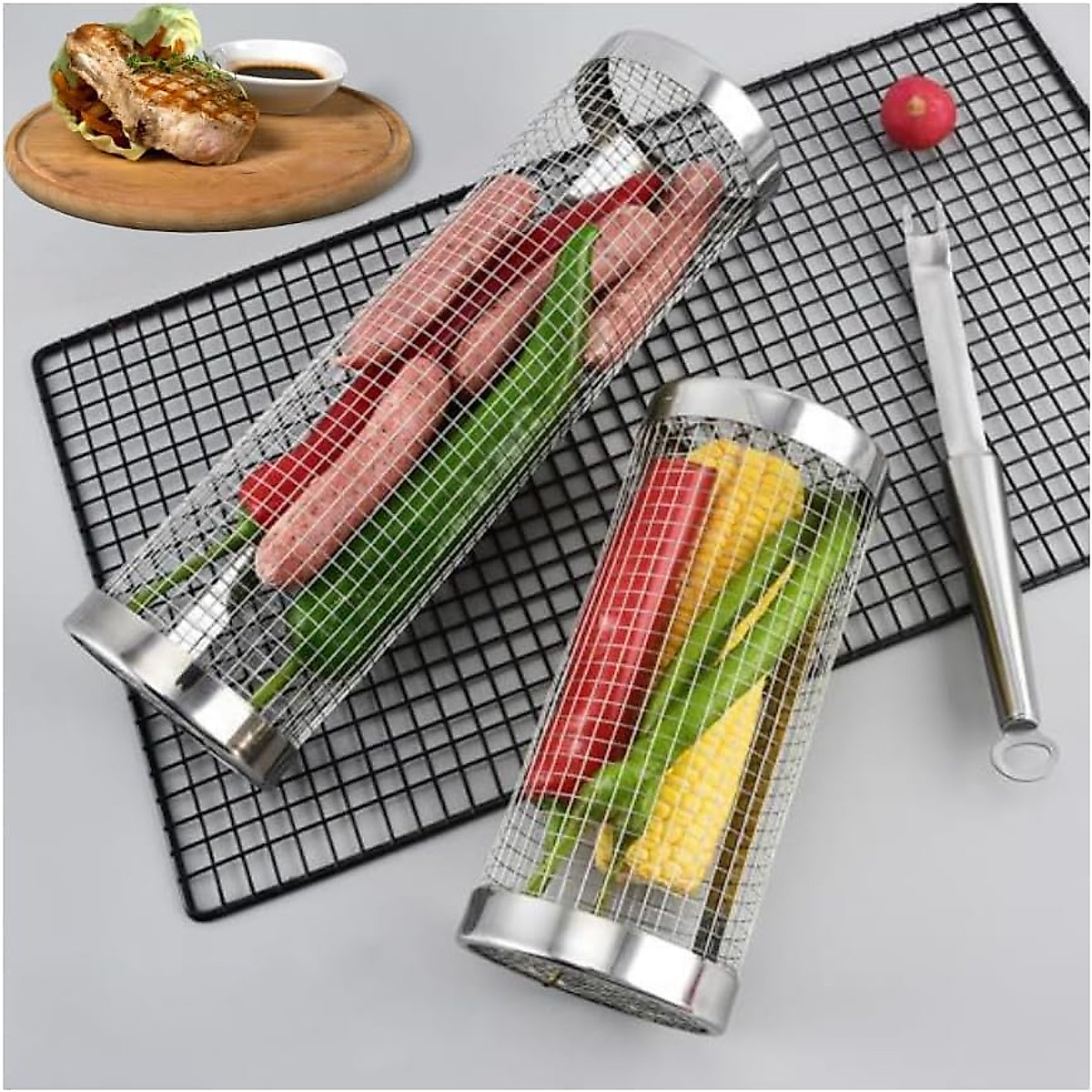 Set of 2 Stainless Steel Rolling Grill Baskets for Outdoor BBQ | Large Mesh Barbecue Cylinder Cages for Vegetables, Fish, and Meats | Camping and Backyard BBQ Accessories | Perfect Gift for Dad, Husband, or Best Friend