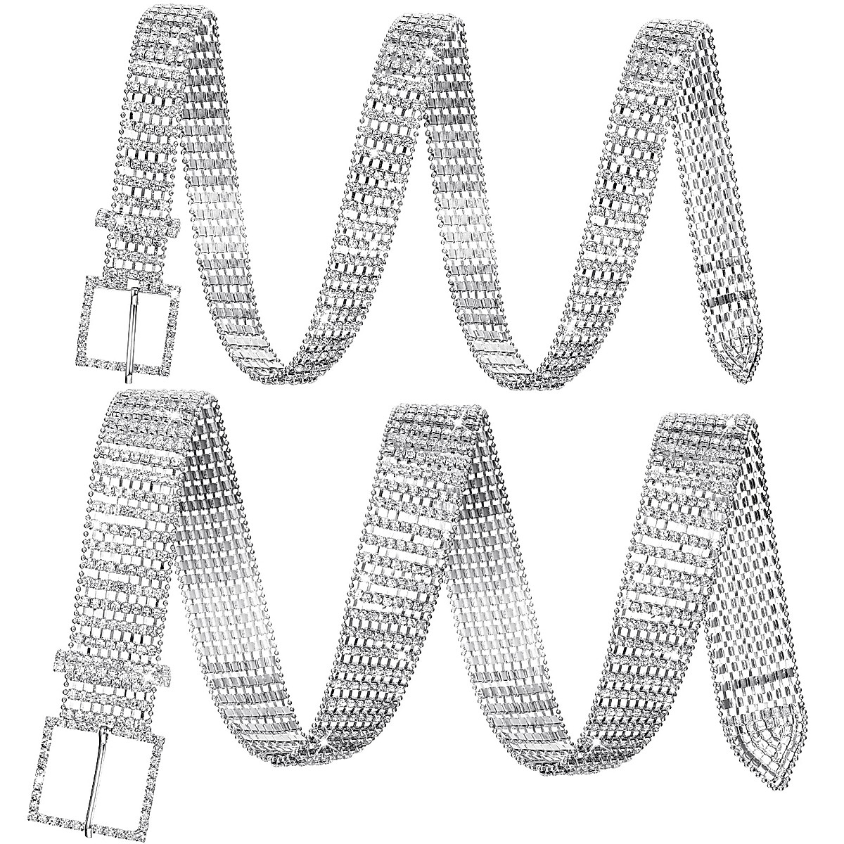 Geyoga 2 Pieces 5-8 Rows Women Rhinestone Belts Shiny Waist Belts Bling Glitter Chain Waistband for Jeans Dresses Pants (Silver)