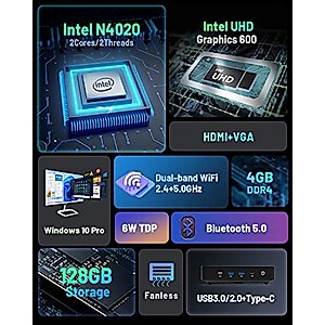 Mini PC Windows 10 Pro, Intel Celeron N4020,Mini Desktop Computer 4GB DDR4 128GB eMMC, Micro Computer 4K Suppport, 2.4/5G WiFi Bluetooth 5.0, Gigabit Ethernet, for Business, Home