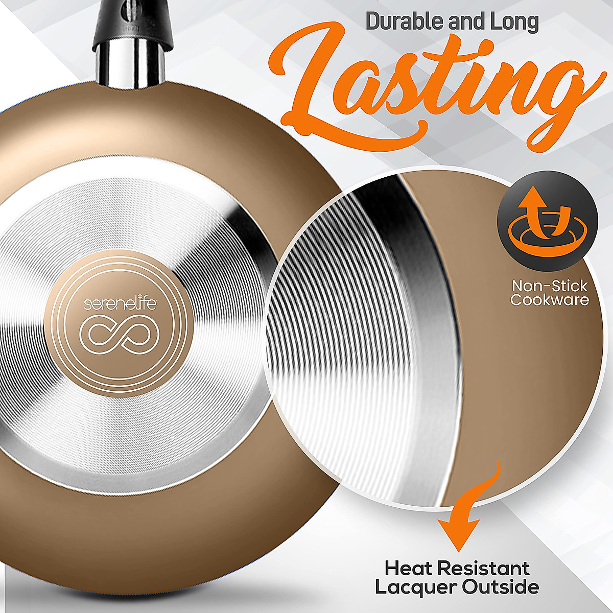 SereneLife Kitchenware Pots & Pans Basic Kitchen Cookware, Black Non-Stick Coating Inside, Heat Resistant Lacquer (11-Piece Set), One Size, Gold