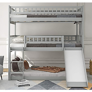 Harper & Bright Designs Triple Bunk Beds with Slide ，Wooden Bunk beds Full Over Full Over Full ，Floor Triple Bunk Bed with Ladder & Guardrails for Kids/Teens/Adults,Can be Convertible to 3 Beds,Gray