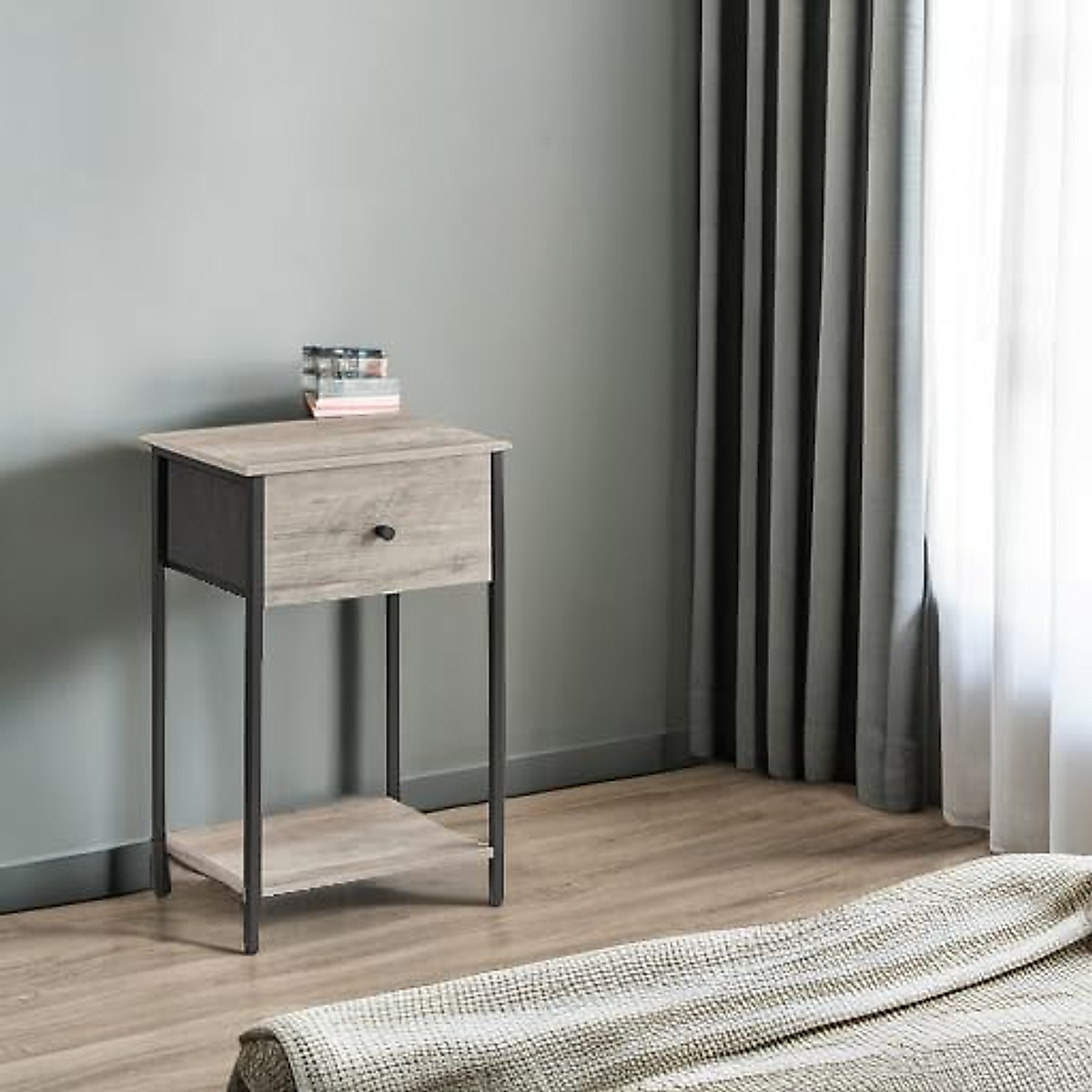 VASAGLE Nightstand, Side Table with Fabric Drawer, 24-Inch Tall End Table with Storage Shelf, Bedroom, Greige and Black ULGS021B02