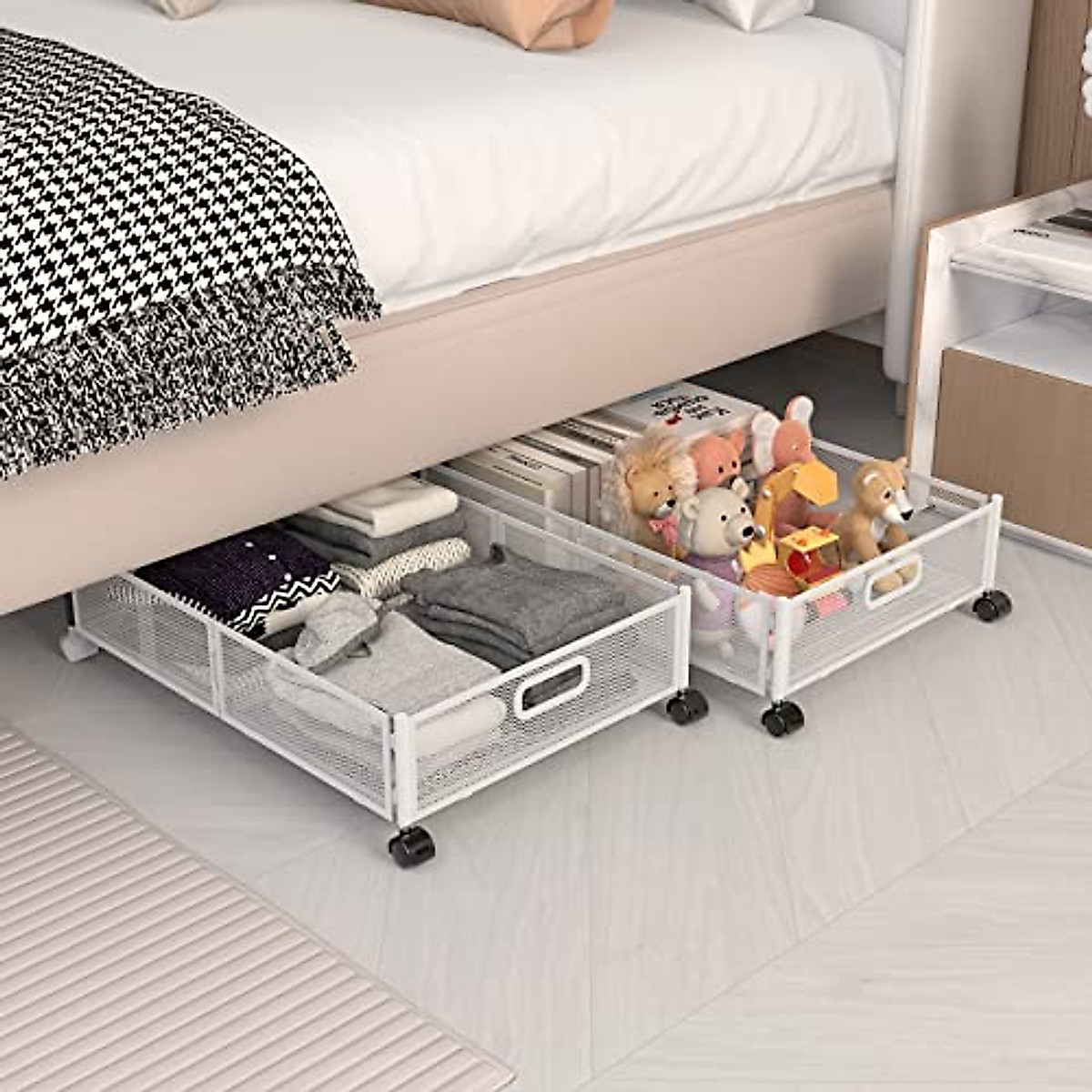 Fabutendus 2 PCS under-bed storage drawer, underbed storage with wheels, under-the-bed storage, Tool-free Assembly Metal Under-Bed Shoe Storage Organizer for Clothes Blankets Shoes Bedding Toys, White
