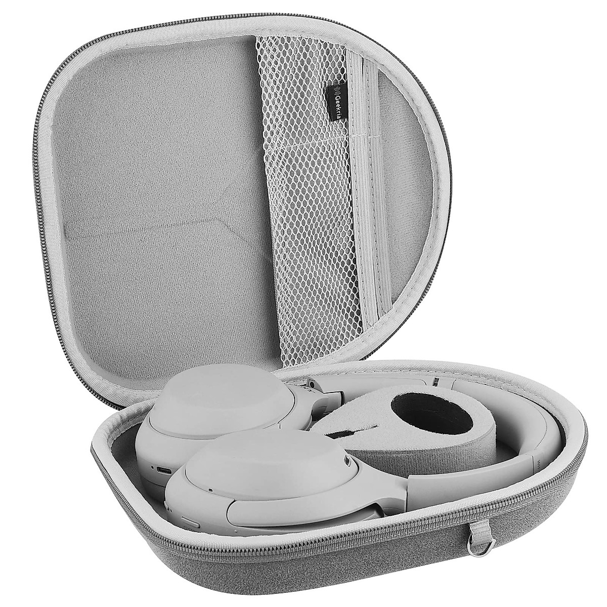 Geekria Shield Headphones Case Compatible with Sony WH-1000XM5, WH-1000XM4, WH-XB920N, WH-XB900N, WH-XB910N Case, Replacement Hard Shell Travel Carrying Bag with Cable Storage (Microfiber Grey)