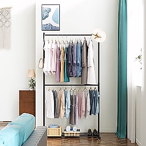 KKgoubz Clothes Rack Double Rod Clothing Rack,Garment Racks for Hanging Clothes,Metal Garment Rack with Bottom Storage,Carbon Steel Black