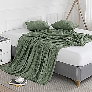 MILVOWOC Sage Throw Blanket and Pillow Covers Set, 50" x 60" Cable Knit Throw Blanket + 2 Pieces 18" x 18" Knitted Throw Pillowscase, Decorative Throw Blankets Knitted Blanket for Sofa Couch