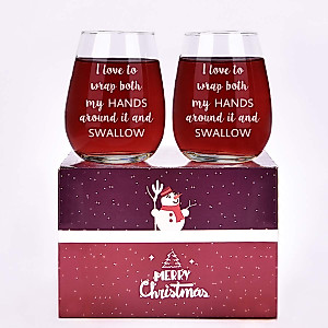 I Love to Wrap Both My Hands Around It and Swallow Stemless Wine Glass, Birthday Gifts for Friend BFF Wife Girlfriend Her Bachelorette Party, 15 Oz, Set of 2