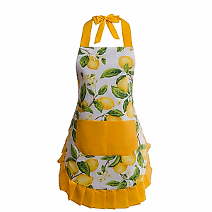 Alex Virtue Vintage Floral Apron for Women with Functional Pockets Adjustable Neck Strap for Cooking Baking Mother's Gift (Lemon)
