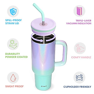 Zukro 40 oz Triple Insulated Tumbler with Handle and Straw Lid - Stainless Steel Cup Travel Mug Fits in Cupholder - No Sweat Water Bottle Keeps Drinks Cold 30 Hours - Dishwasher Safe - Lavender
