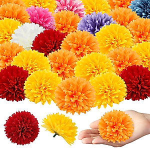 Marigold Flower Heads Bulk 40 Pcs, Faux Mexican Artificial Flowers for Day of the Dead Decorations - DIY Wreath Garland Craft indian wedding Diwali Home Dia De Los Muertos Decor Halloween(Multicolor)
