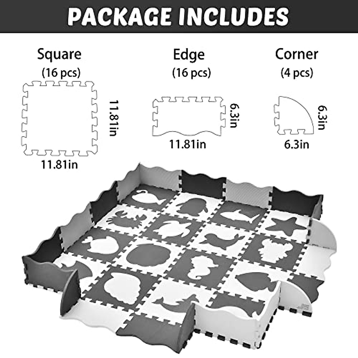 FUN LITTLE TOYS 36PCS Foam Play Mats for Baby, Soft Foldable Interlocking Foam Floor Tiles Puzzle Mat with Fence for Kids Toddlers Childrens Playpen Playroom Crawling 56 x 56 Grey