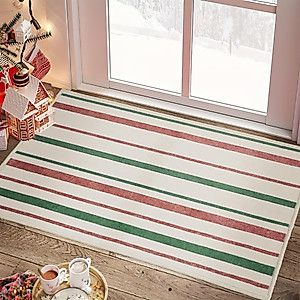 RYB HOME 2x3 Christmas Enterway Rug for Kitchen Bathroom, Small Washable Soft Area Rug for Hallway, None Slip Thin Door Mat with Rubber Backing for Font Door Foyer, 2x3 ft, Green & Red