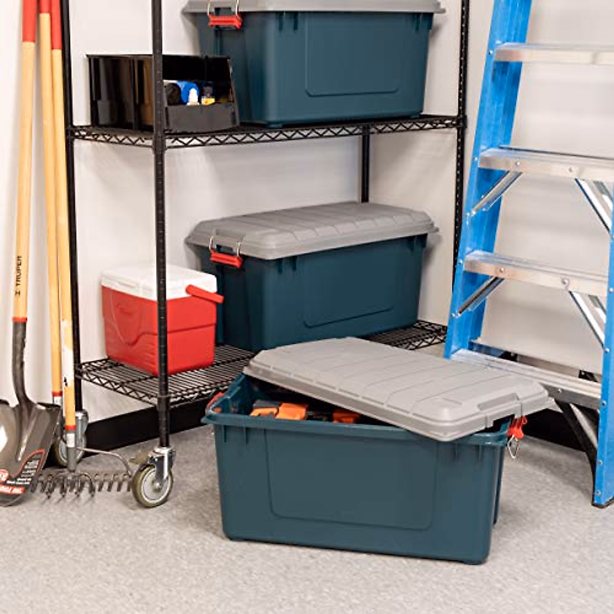 IRIS USA 82 Quart Weathertight Plastic Storage Boxes, Heavy-Duty Utility Totes with Durable Lid and Secure Latching Buckles, Garage and Outdoor, Green/Gray, 4 Pack