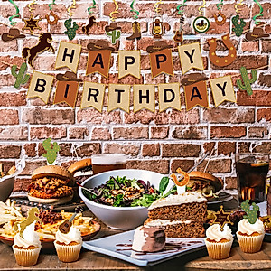 60PCS Cowboy Birthday Party Decoration Include 40 Inch Horse Shaped Foil Balloons Little Cowboy Happy Birthday Banner Cake Topper Hanging Swirls 12 Inch Latex Balloons for Western Party (Retro Style)