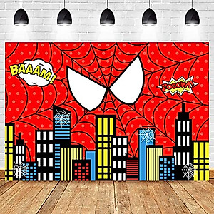 Red Spider Web Photography Backdrop Baby Shower Photo Booth Studio Props Supplies Super Heros Cityscape Photo Background Vinyl 5x3ft Children Boys 1st Birthday Party Banner Decorations Dessert Table