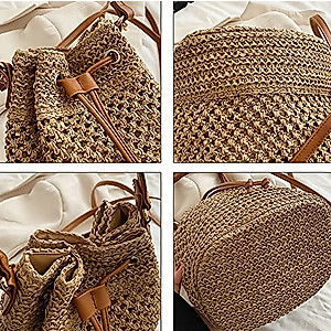 Obosoyo Women Straw Bucket Bags Drawstring Beach Bag Handwoven Crochet Tassel Purse Bohemian Shoulder Handbag