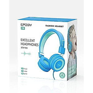 Eposy Kids Headphones, E10 Wired Headphones for Kids Foldable Stereo Bass Headphones with Adjustable Headband, Tangle-Free 3.5 mm Jack for School, On-Ear Headset for Boys Girls Cellphones(Blue/Green)