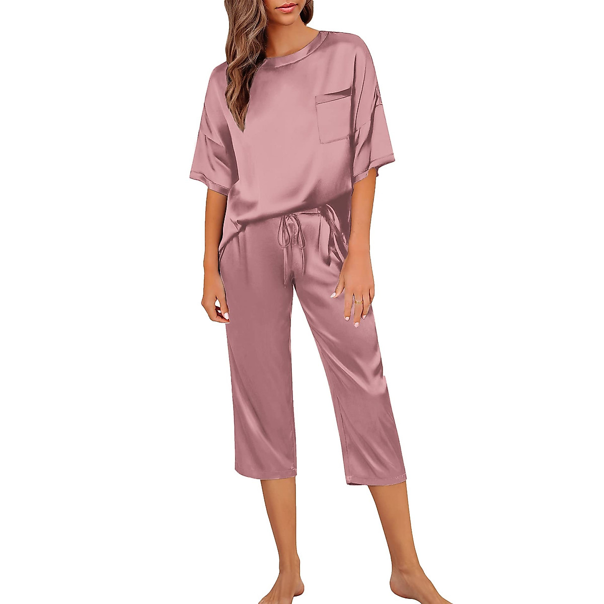 SWOMOG Womens 2 Piece Satin Pajamas Silk Short Sleeve Pjs Sets Capri Bottom Pajama Pants Loose Outfit with Pockets Misty Rose Medium