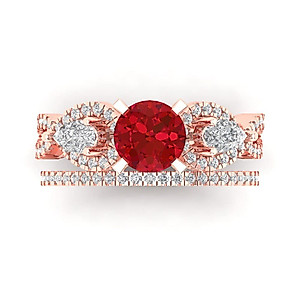 Clara Pucci 1.94 carat Round Cut Solitaire 3 stone Simulated Red Ruby Wedding Anniversary Bridal ring band set 14k Rose Gold 10.25