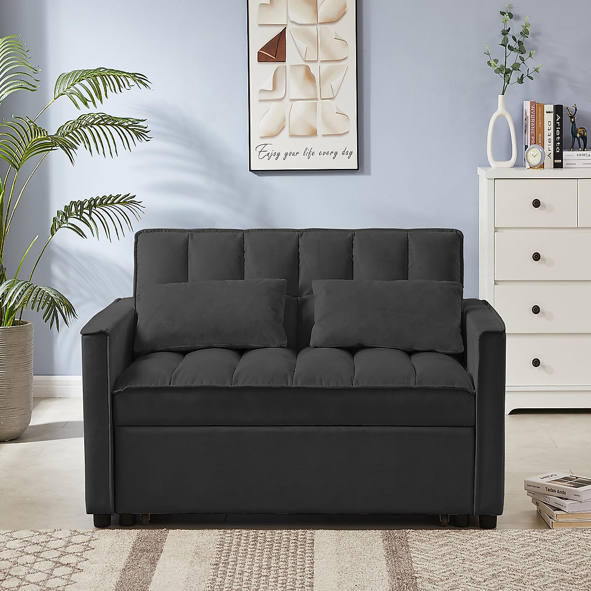 Lepfun 3 in 1 Convertible Sleeper Sofa Couch with Pull Out Bed, Small Futon Loveseat Lounge Chaise with Reclining Backrest and Armrest, Upholstered Love Seats Sofabed, Black Velvet