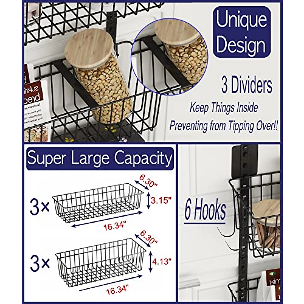 Olirum Over the Door Pantry Organizer, 6 Adjustable Baskets, Large Pantry Organization and Storage, Hanging or Wall Mounted Spice Rack for Kitchen Organization + Pantry Storage with Hooks & Dividers